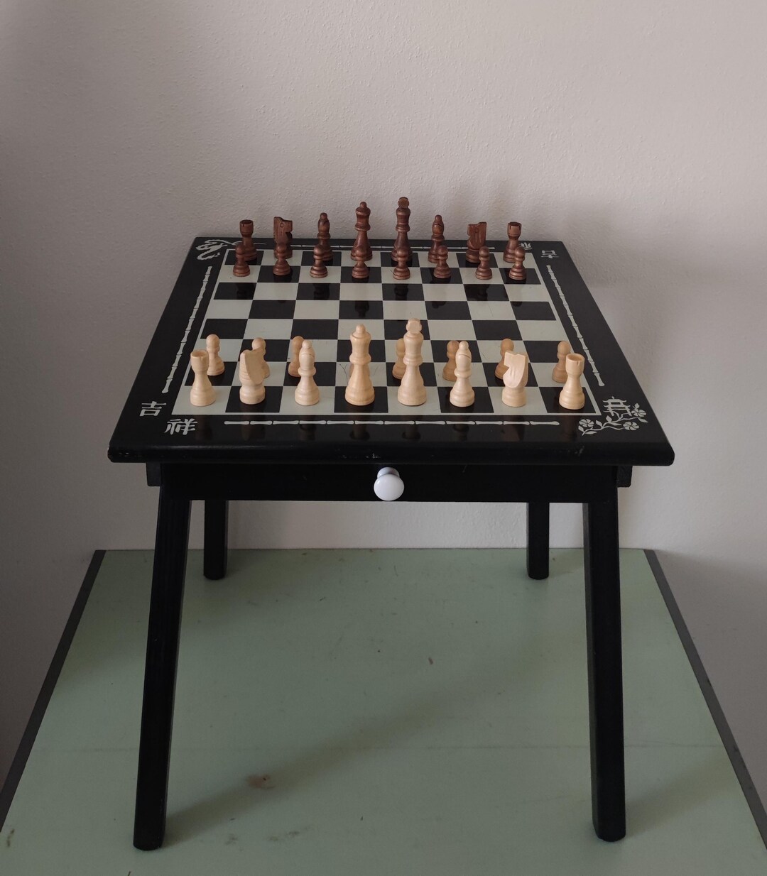 Transco Games Asian Chess Board Table With Drawer and Chess Pieces ...