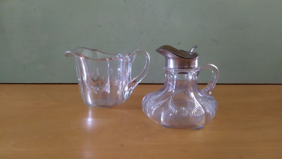 Antique Mckee Glass Syrup Jug and Creamer Fern Garland Pres Cut Glass ...