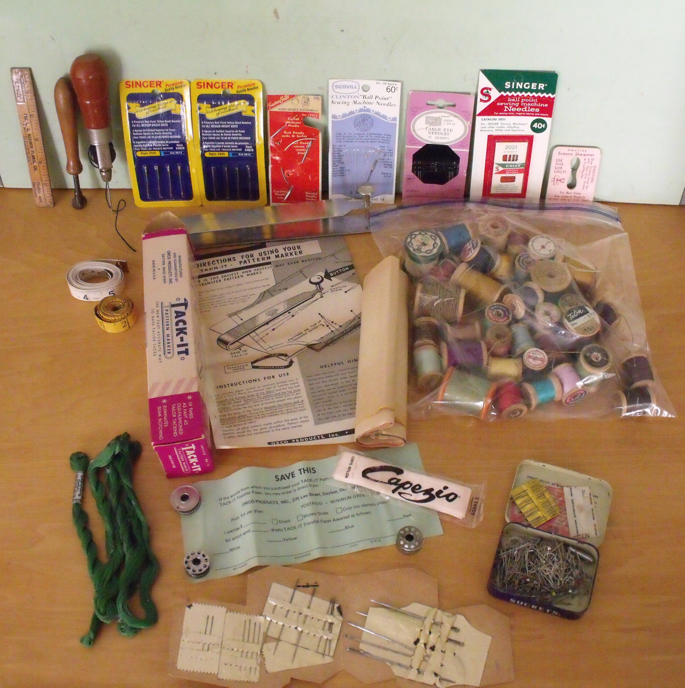 Vintage Leather Sewing Awl Tracing Wheel Spools Lipton Tea Sucrets Tin ...