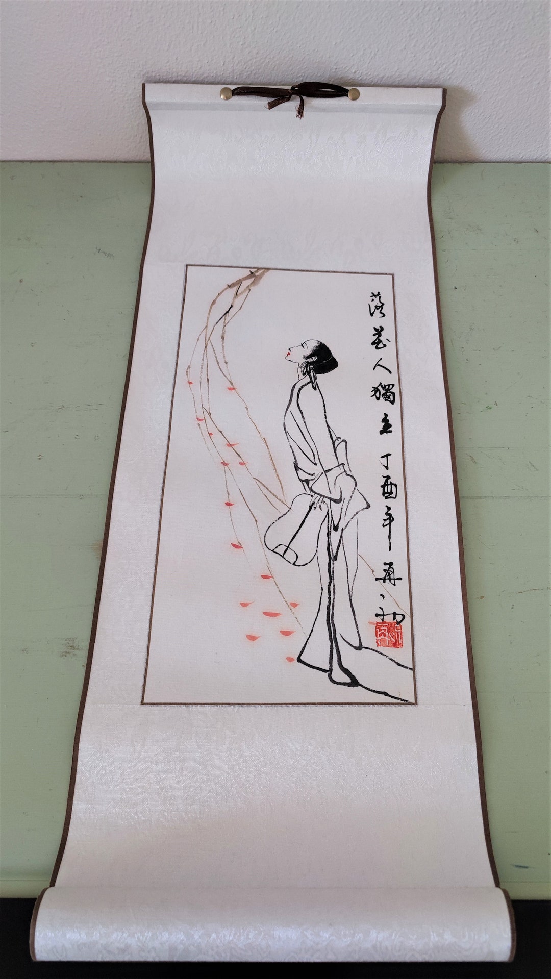 Kakejiku Hanging Asian Scroll Fukuro Mounting Geisha Beside Falling ...