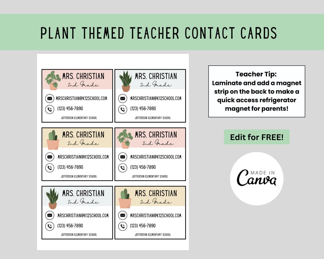 Editable Plant Themed Teacher Contact Cards Back to School Open House ...
