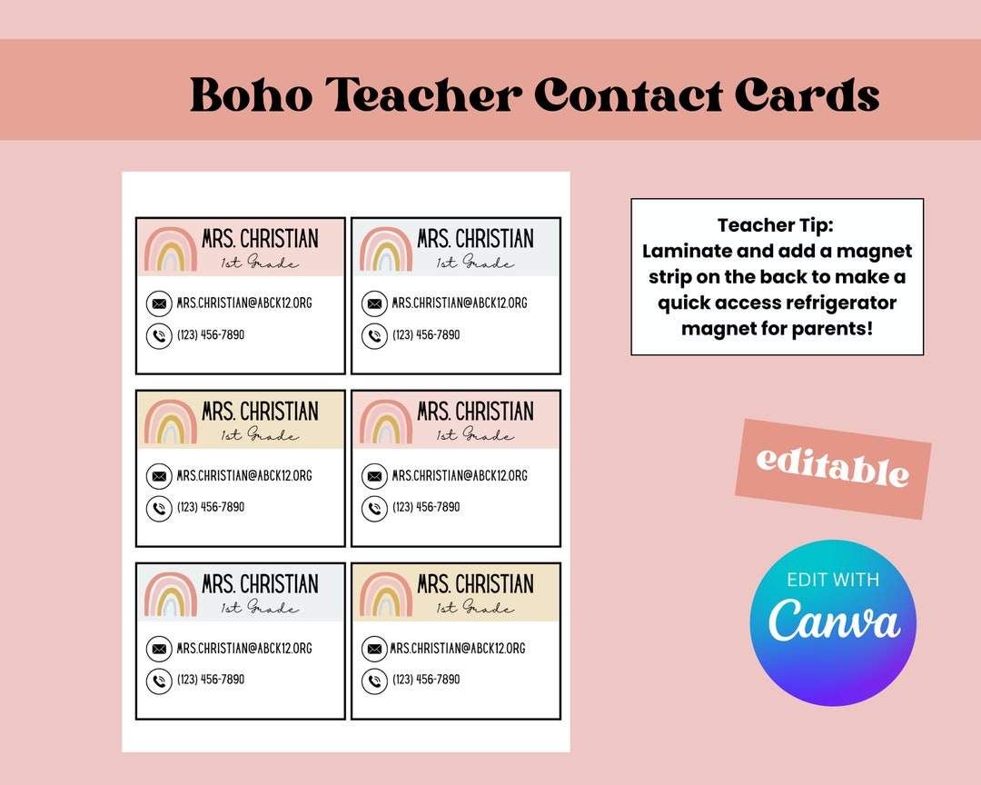 Boho Rainbow Teacher Contact Cards Back to School Open House Meet the ...