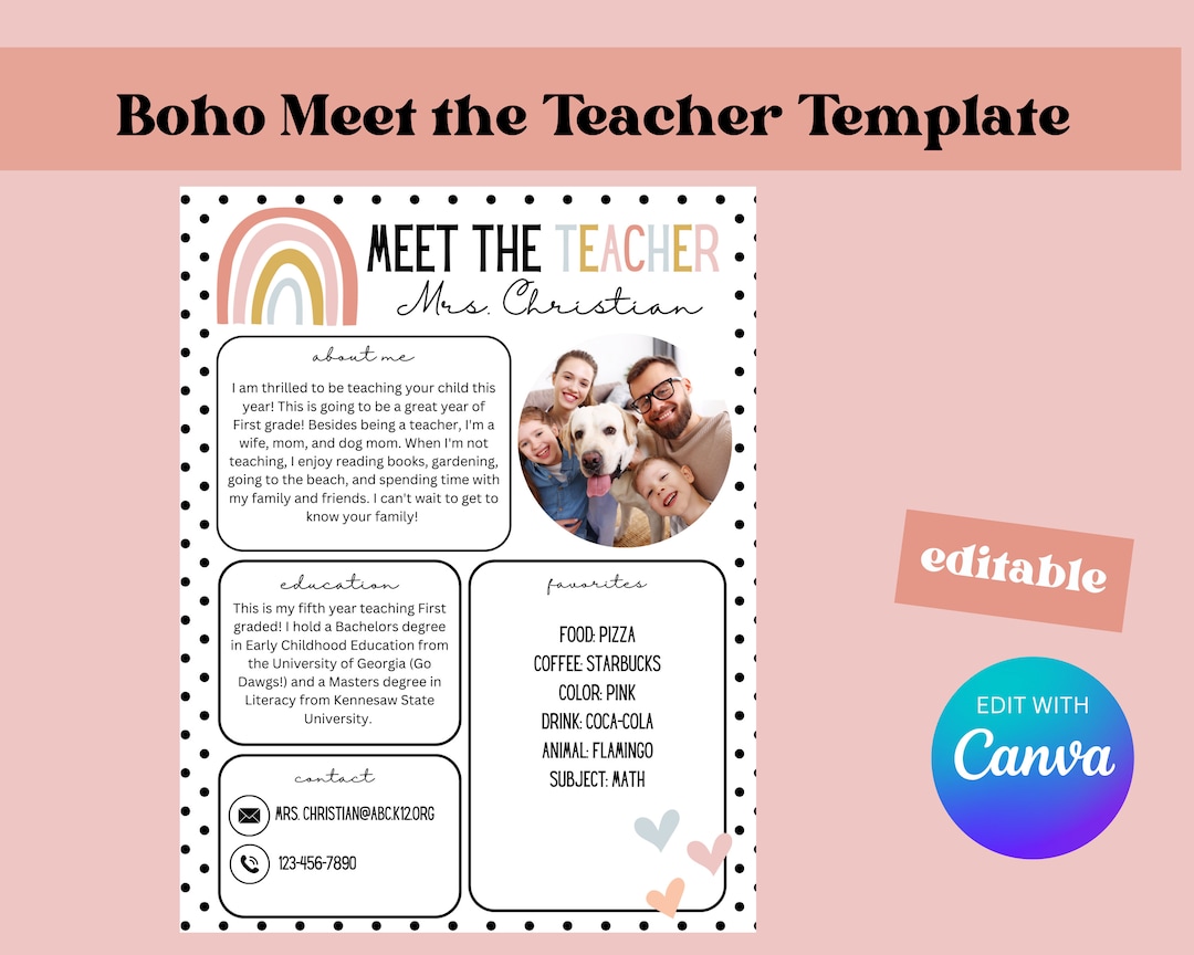 Boho Rainbow Meet the Teacher Template Editable Customize Back to ...