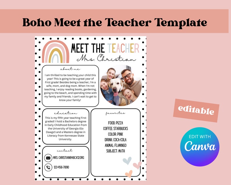 Boho Rainbow Meet the Teacher Template Editable Customize Back to ...