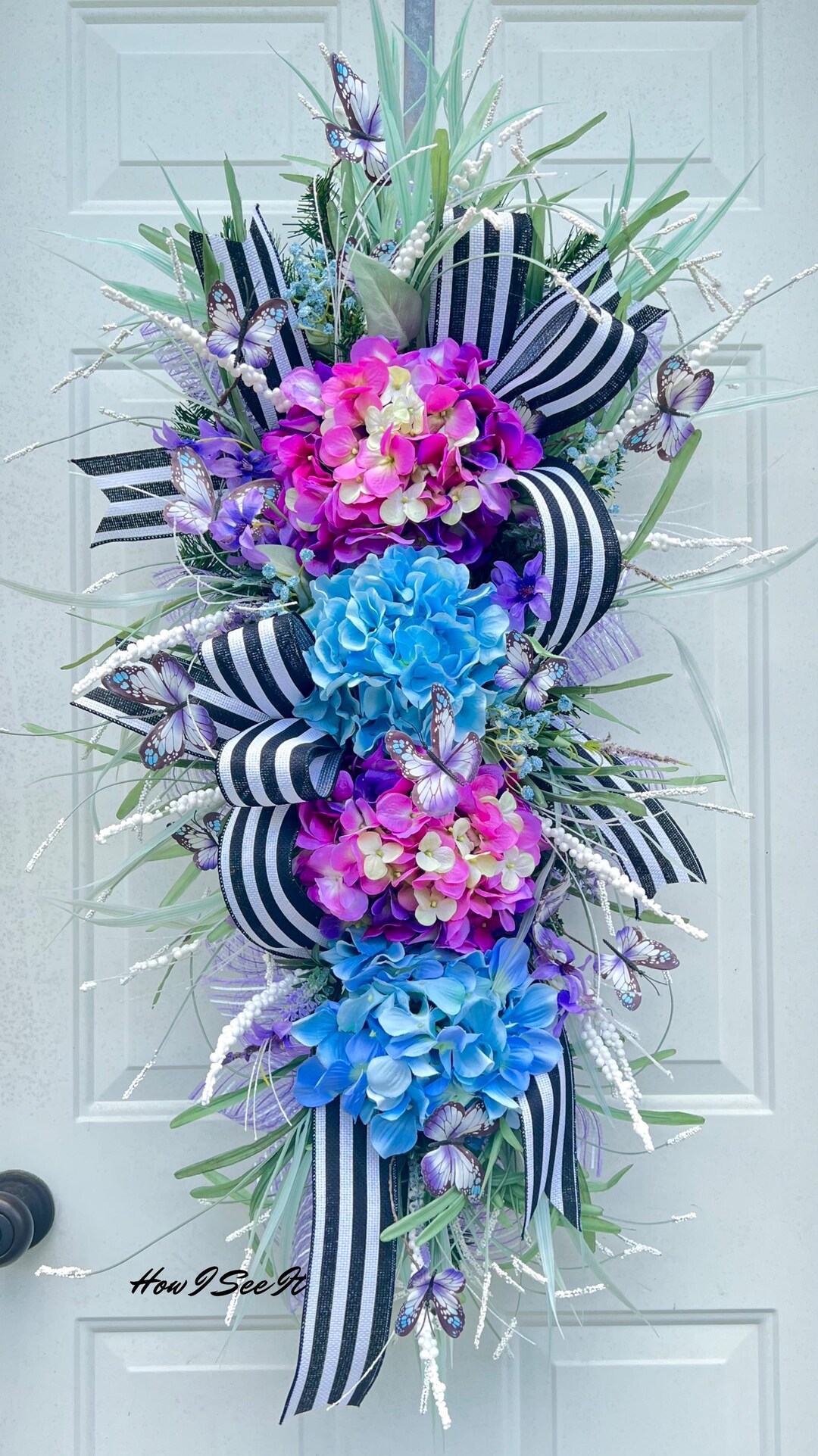 Butterfly Garden Door Swag – Purple & Blue Hydrangeas With Black White ...