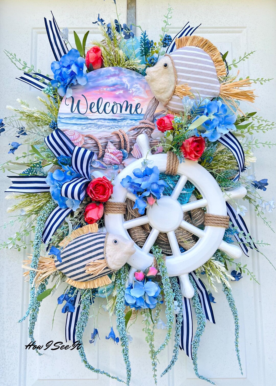 Coastal Nautical Welcome Wreath | Summer Beach House Door Decor | Ship ...