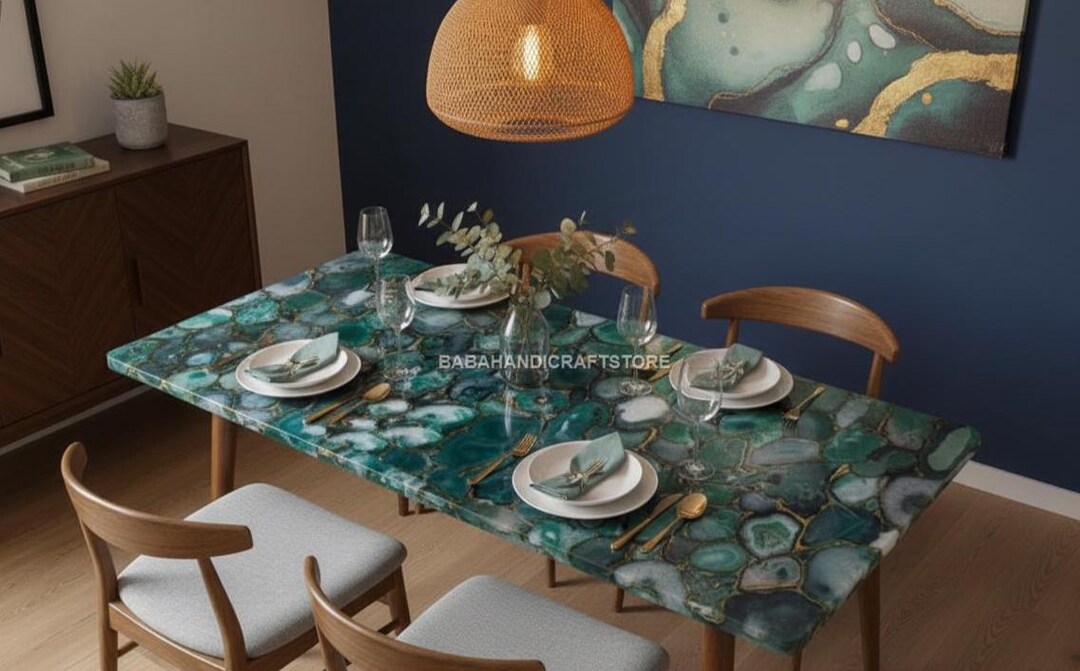 Modern Mid-century Dining Set With Agate Stone Table - Unique Green ...