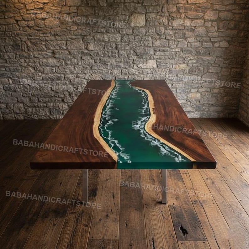 Live Edge Walnut Epoxy River Tabletop – Emerald Green Resin Dining ...