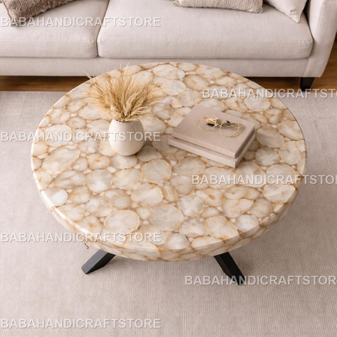Luxury White Agate Coffee Table, Handmade Gemstone Round Center Table ...