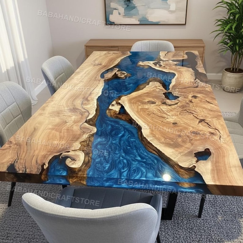 Handmade Live Edge Wood & Blue Epoxy River Dining Table | Solid Wood ...