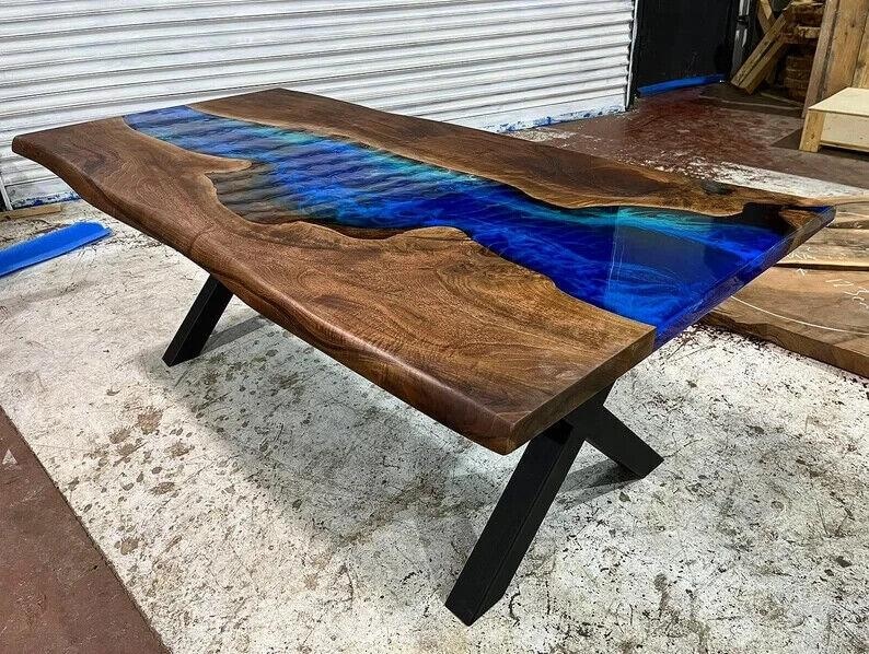 Handmade Blue Epoxy River Table: Live Edge Wood & Resin Tabletop - Etsy