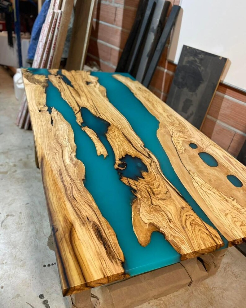 Handmade Live Edge River Table: Acacia Wood & Teal Epoxy Resin - Etsy