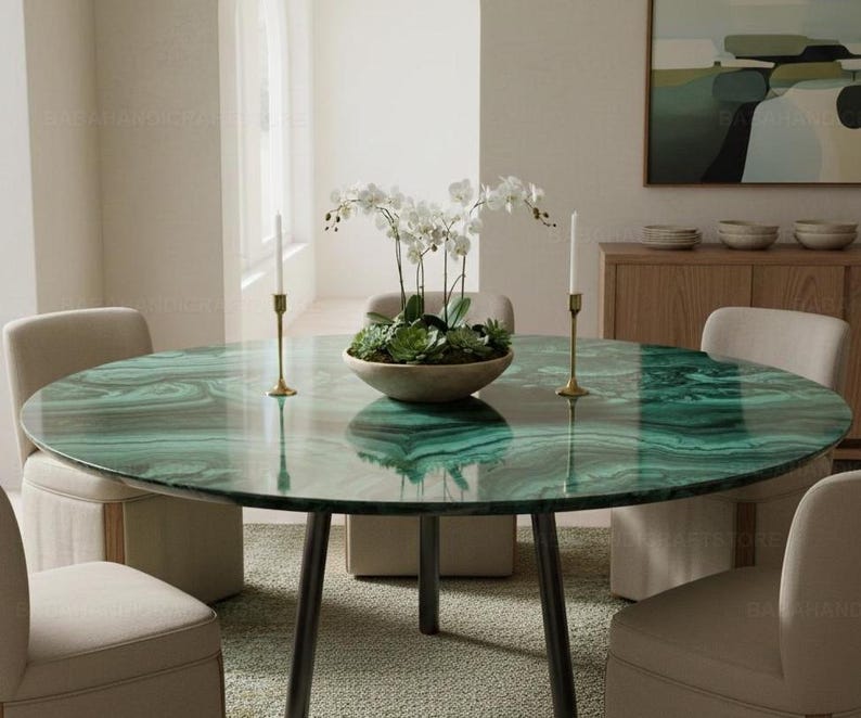 Round Green Malachite Stone Dining Table | Luxury Gemstone Table ...