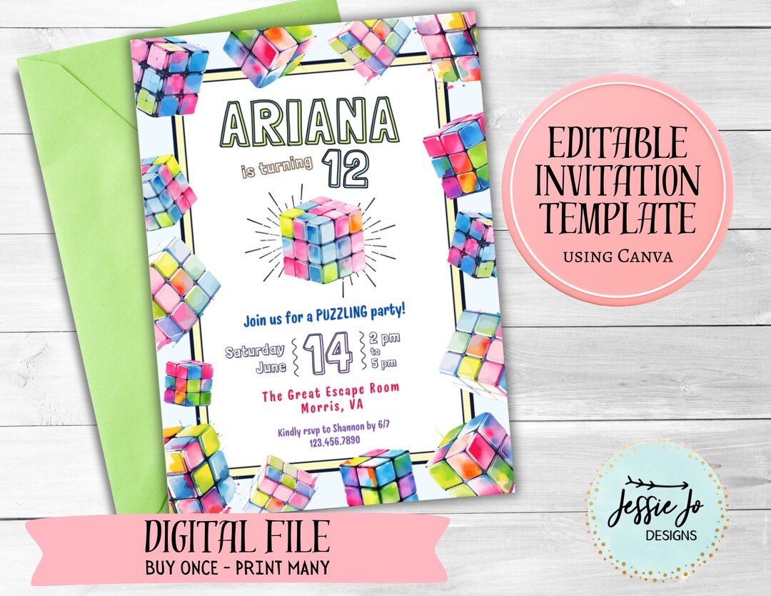 Puzzle Cube Birthday Invitation Editable Template - Canva Template - Etsy