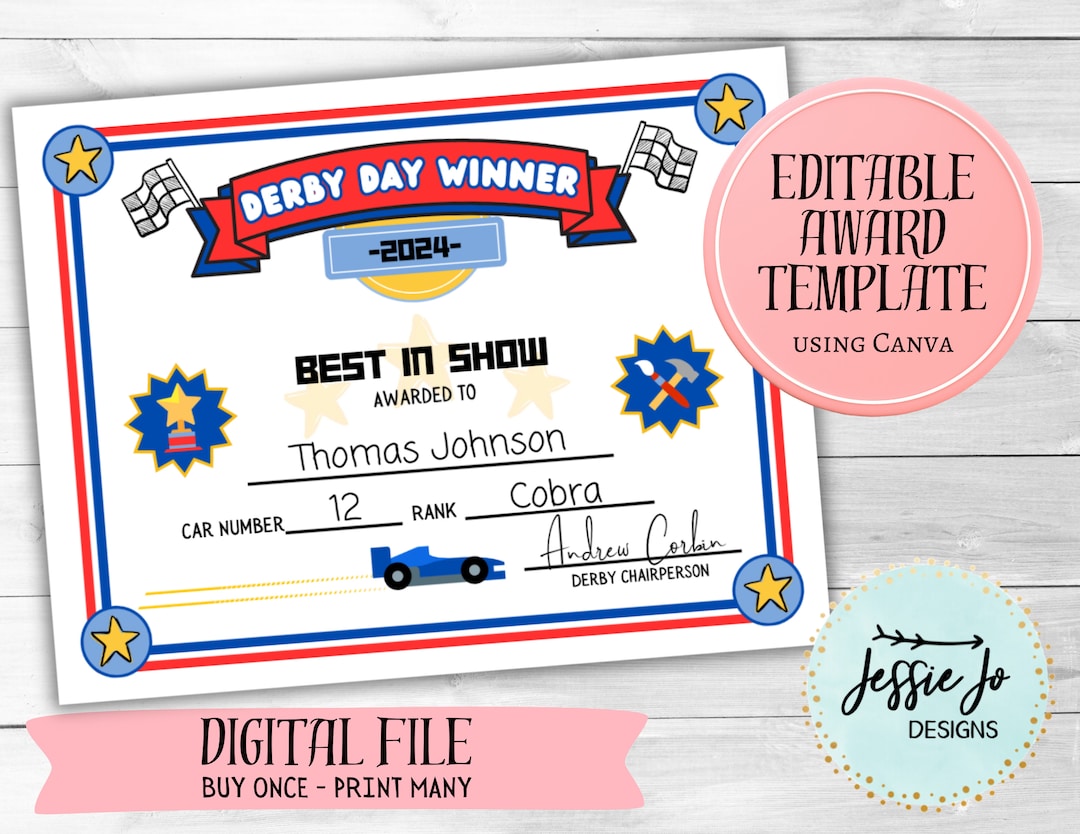 Derby Day Winner - Car Race Certificate - Editable Award Template ...