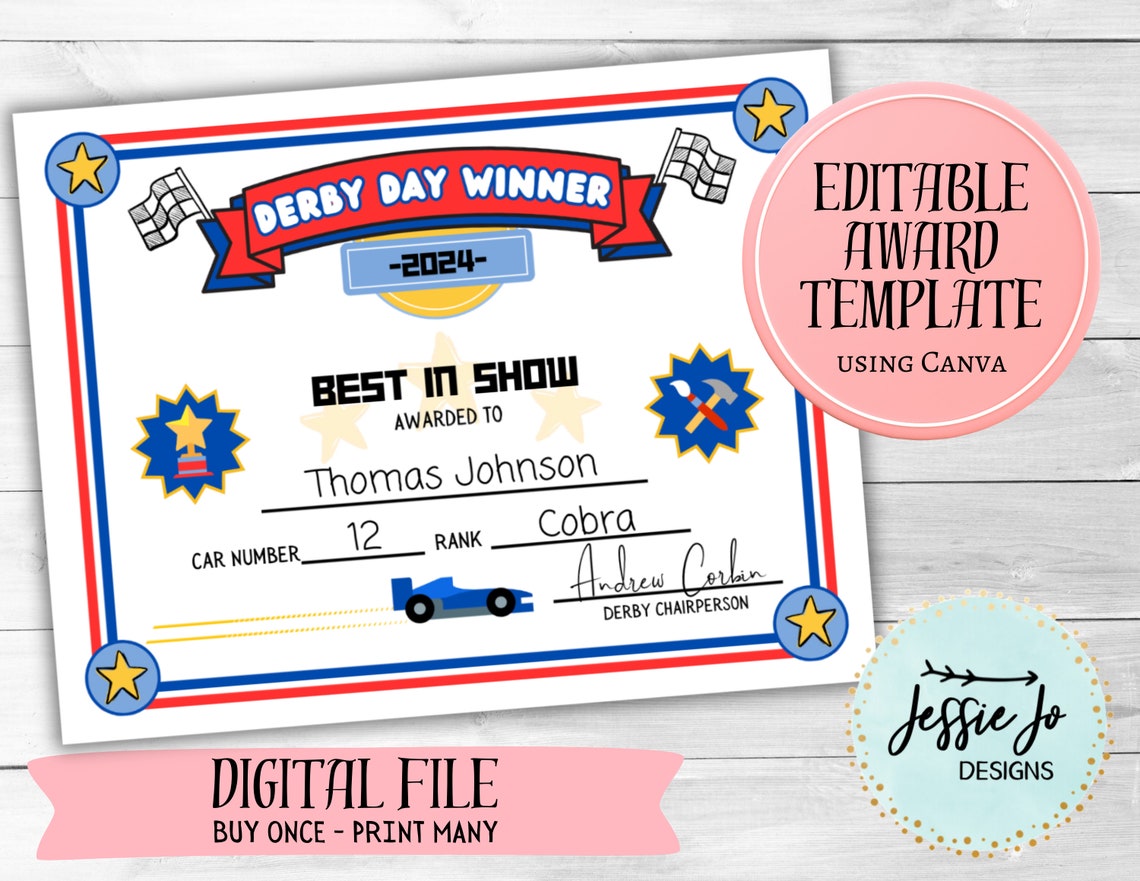 Derby Day Winner - Car Race Certificate - Editable Award Template ...