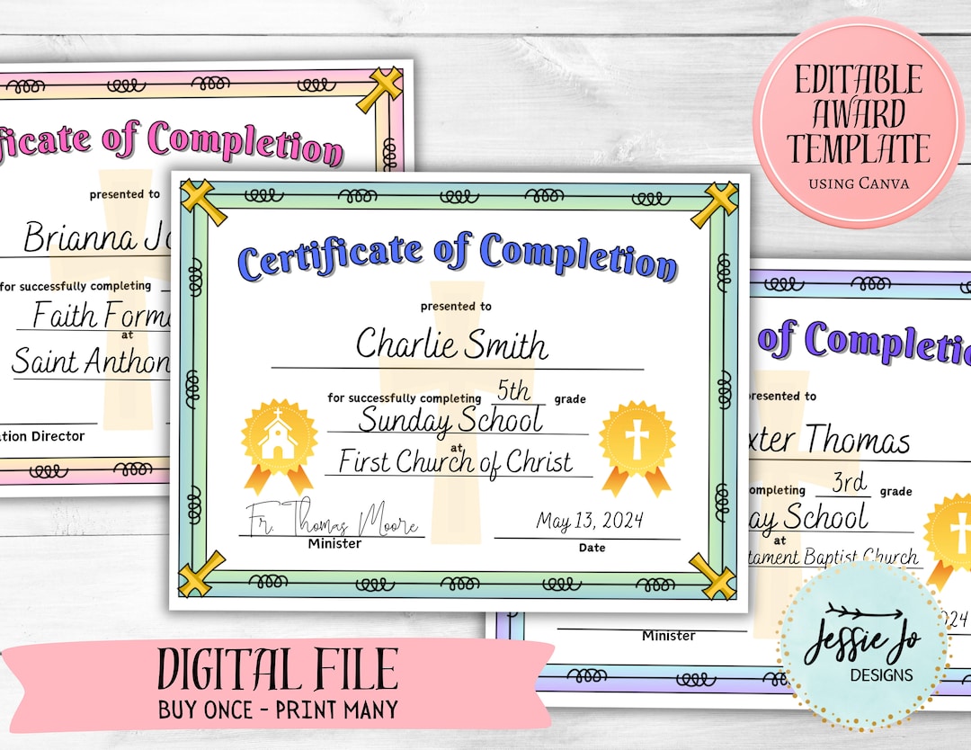 Sunday School Award Certificate - Christian Certificate - Editable ...