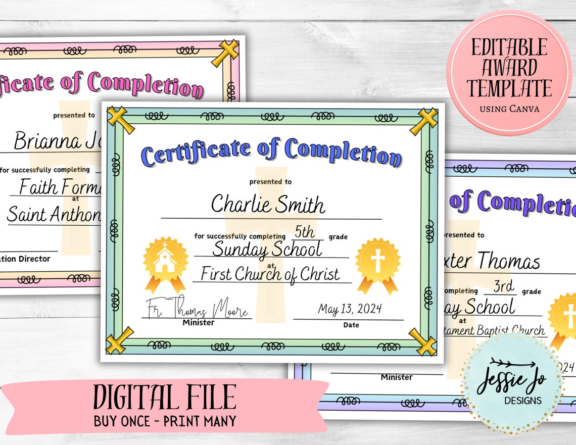 Editable Sunday School Award Certificate Template (canva) - Etsy