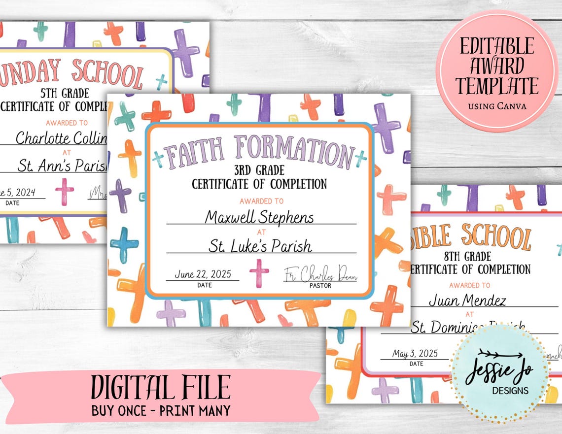 Sunday School Award Certificate - Christian Certificate - Editable ...