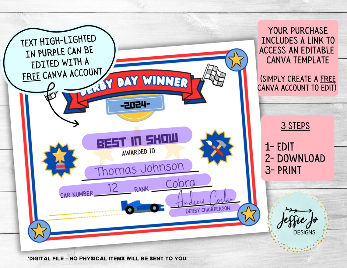 Derby Day Winner - Car Race Certificate - Editable Award Template ...
