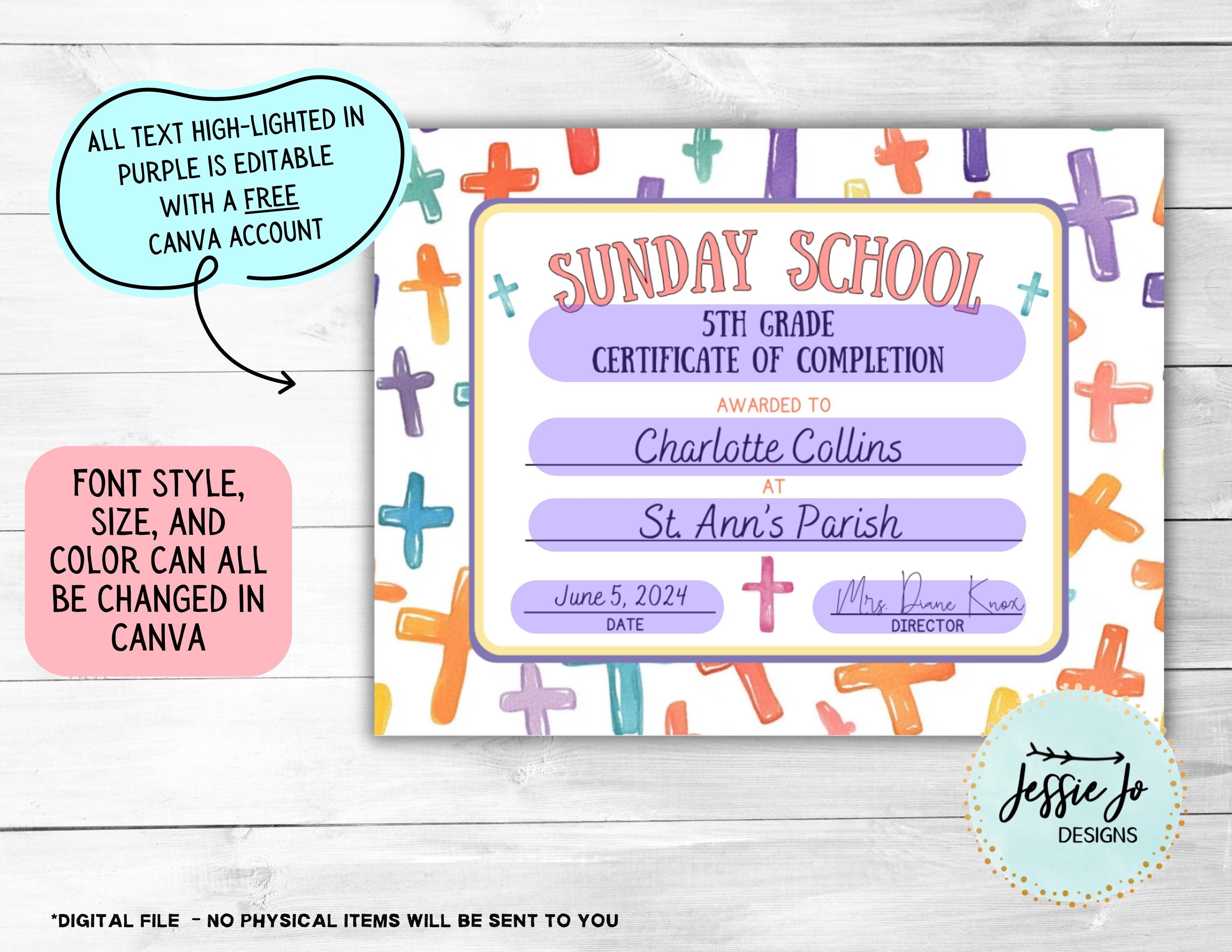Sunday School Award Certificate - Christian Certificate - Editable ...