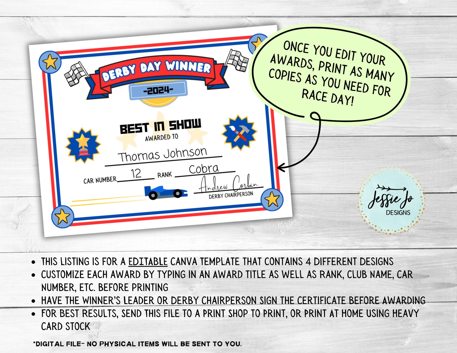 Derby Day Winner - Car Race Certificate - Editable Award Template ...