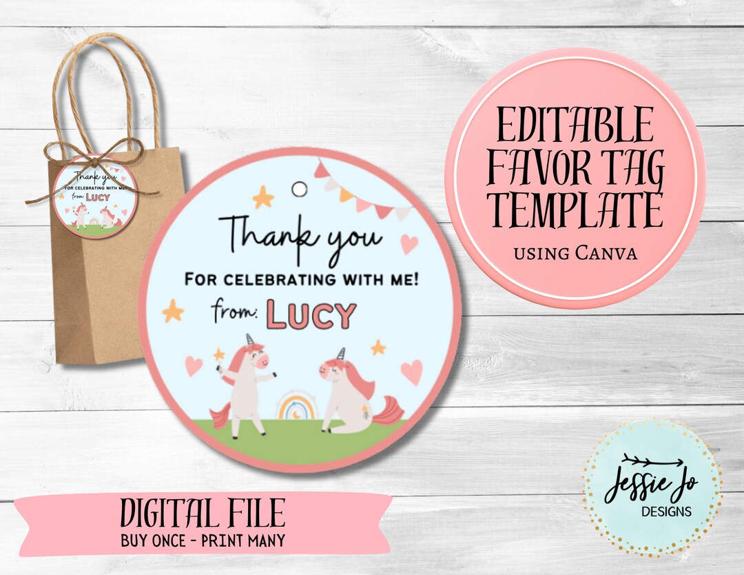 Unicorn Birthday Favor Tags Editable Template - Canva Template - Etsy