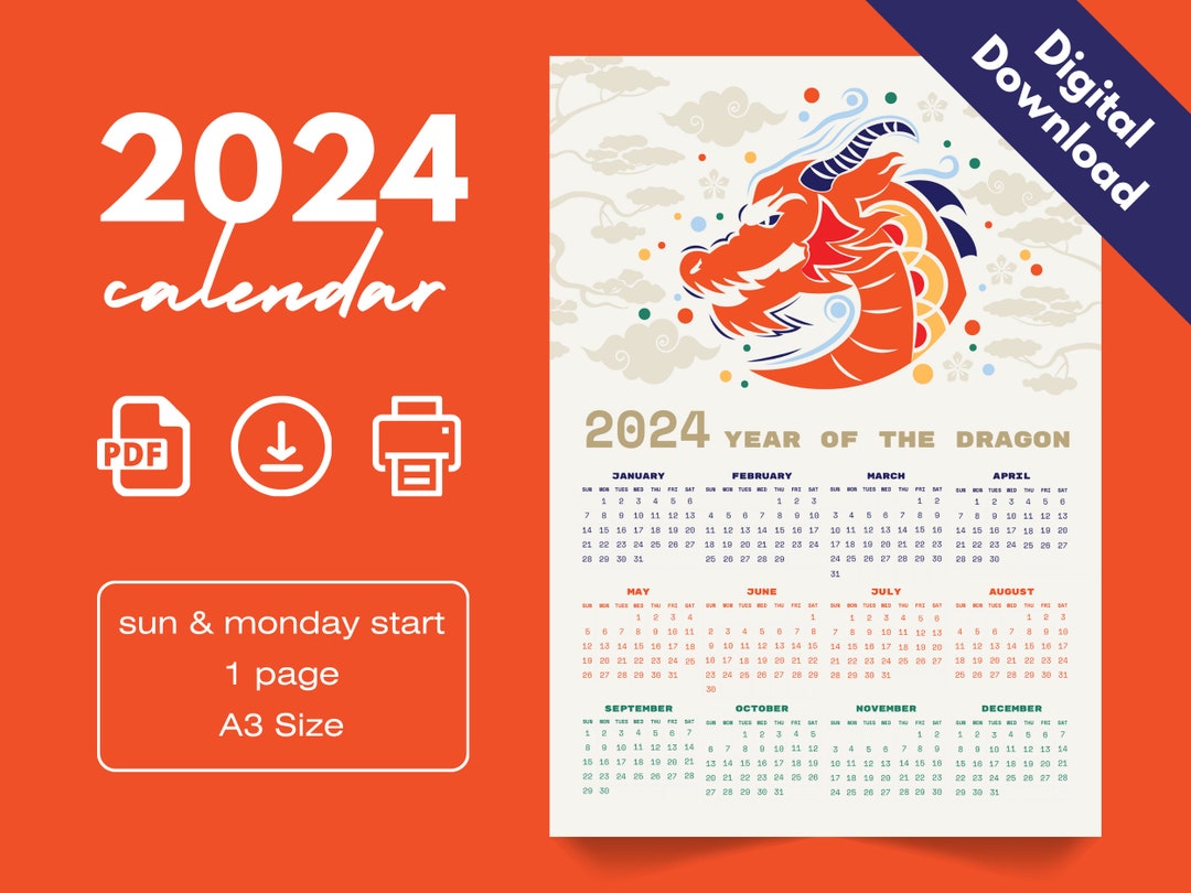 Editable 2024 Year of the Dragon Calendar Downloadable Poster - Etsy