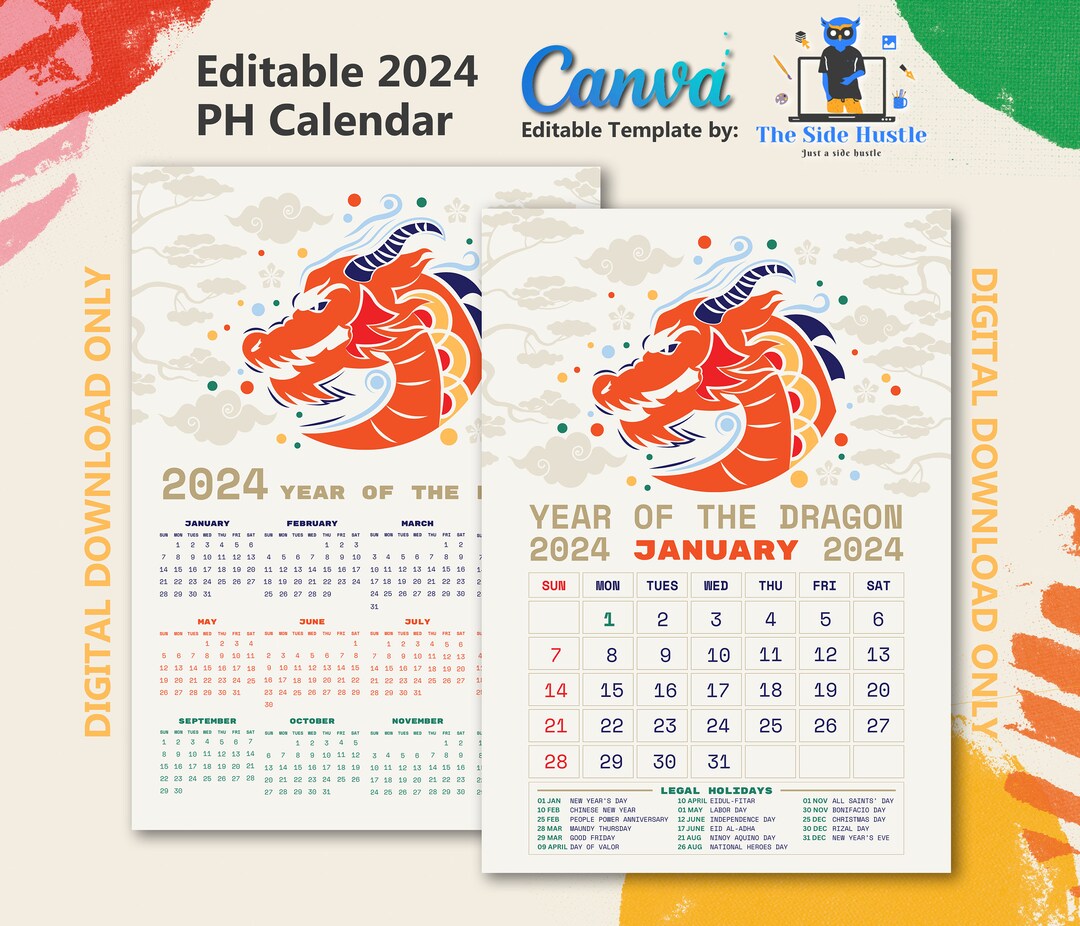 Editable Orange and Red Year of the Dragon Calendar - Etsy