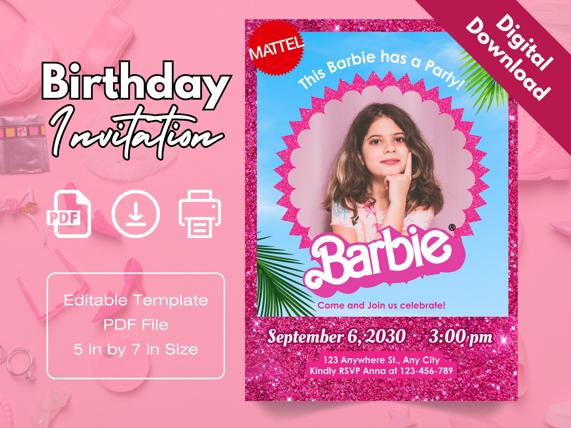 Editable Template Cute Barb.doll Fashion Pink Glitters Birthday Girl ...