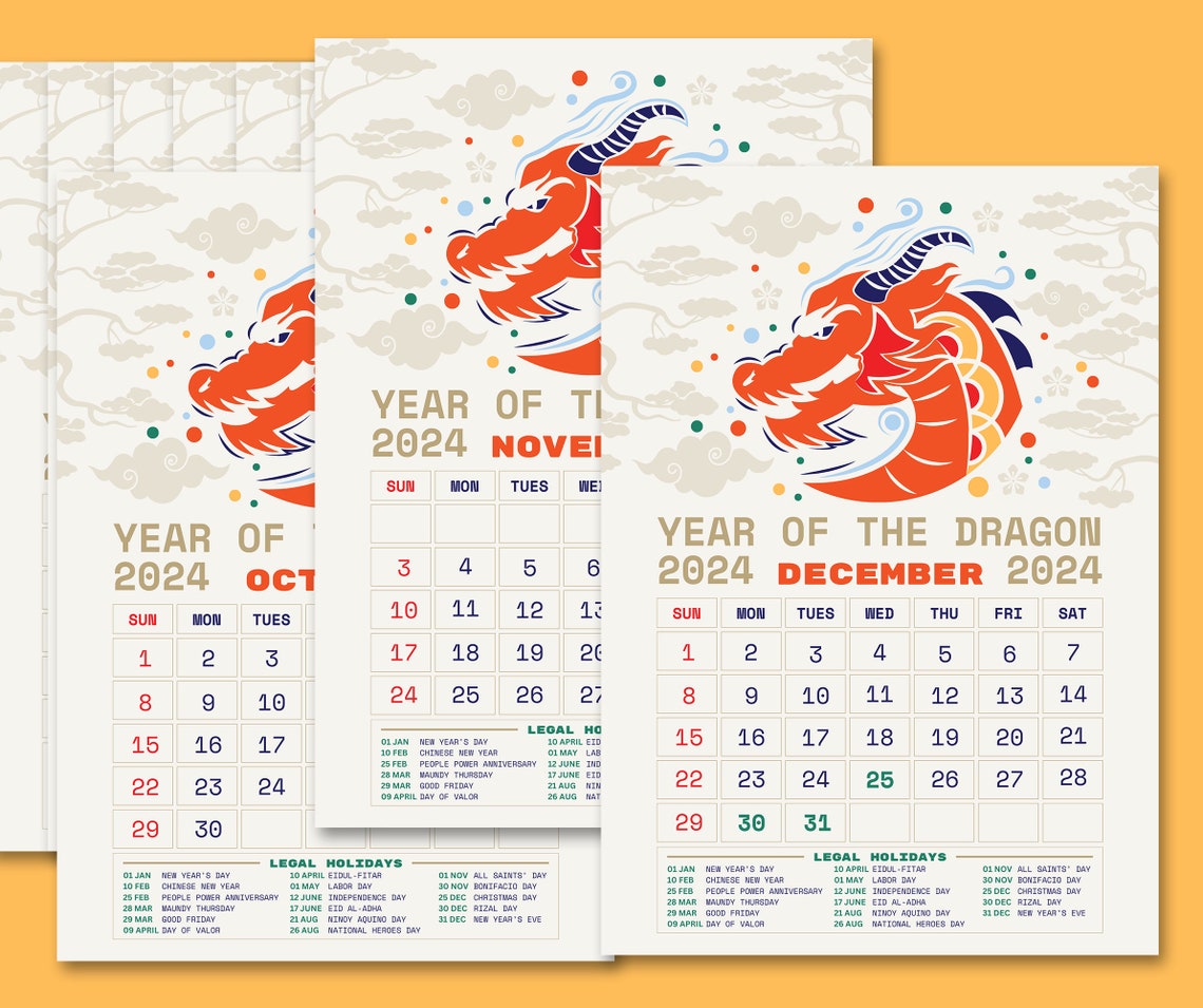 Editable Orange and Red Year of the Dragon Calendar - Etsy