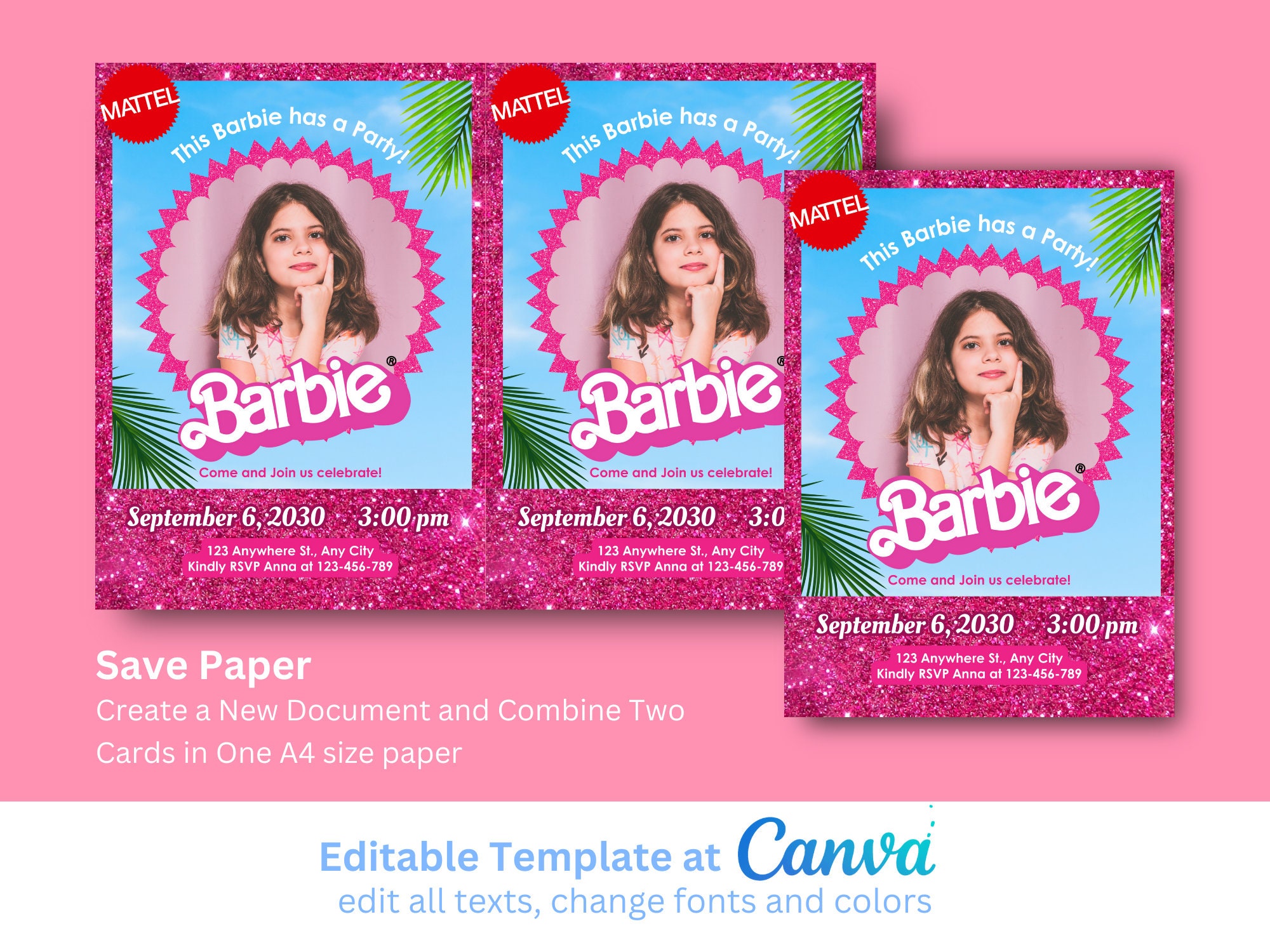 Editable Template Cute Barb.doll Fashion Pink Glitters Birthday Girl ...