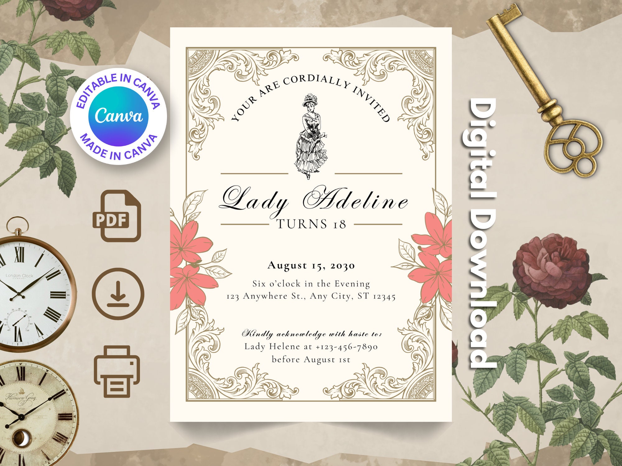 Instant Download Editable Template Vintage Regency Era Birthday ...