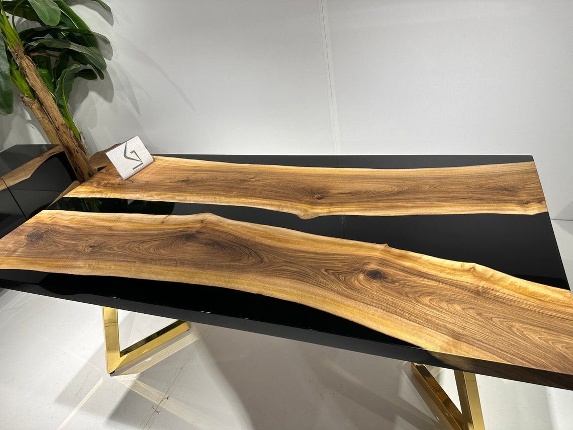 Custom Live Edge Walnut Dining Table, Black Epoxy Resin Table, Epoxy ...