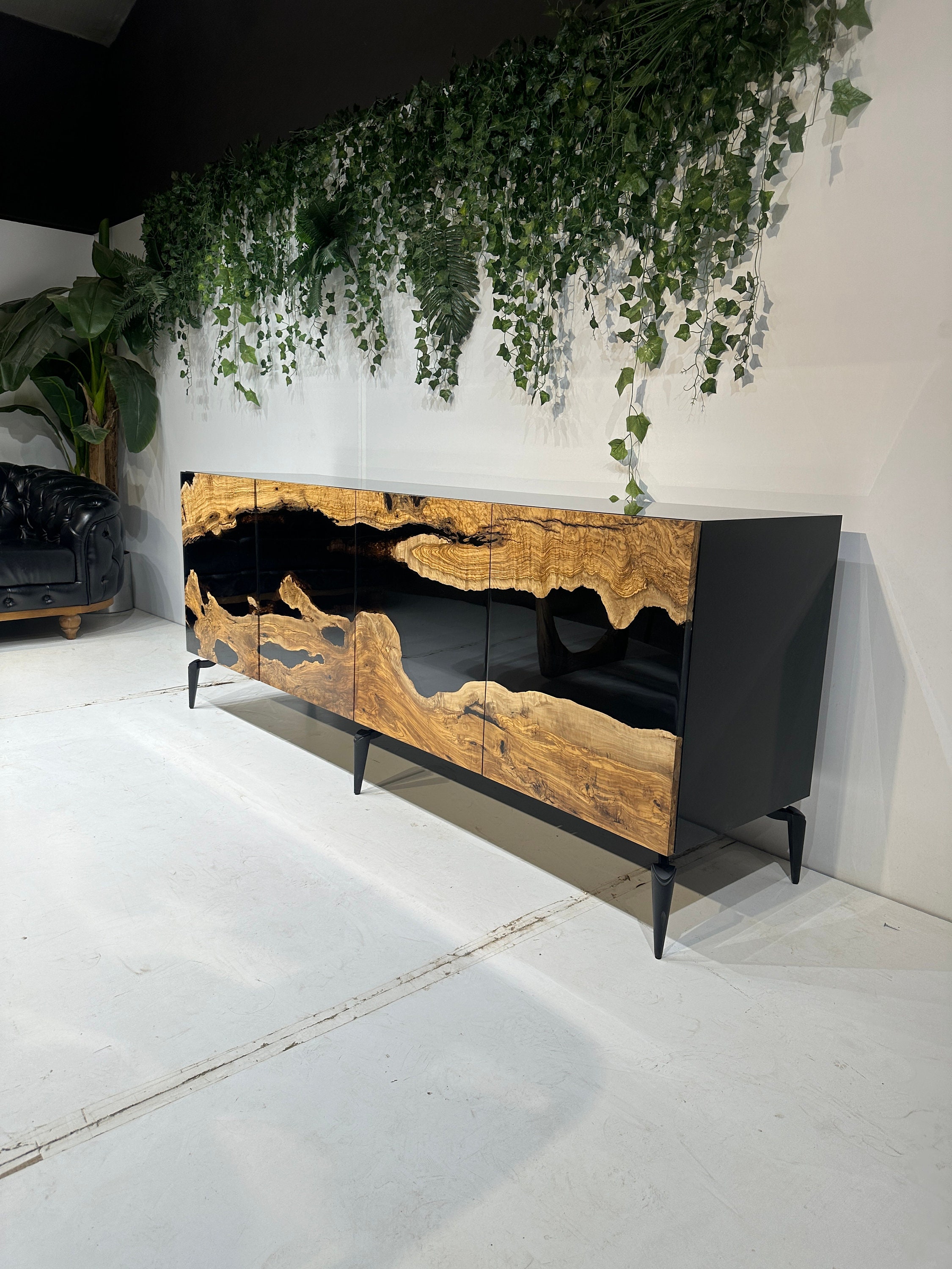 Custom Epoxy Sideboard, Olive Wood Credenza, Black Epoxy Sideboard ...