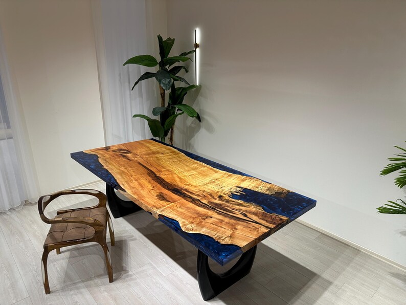 Ash Wood Live Edge Dining Table: Metallic Blue Epoxy Resin Desk - Etsy