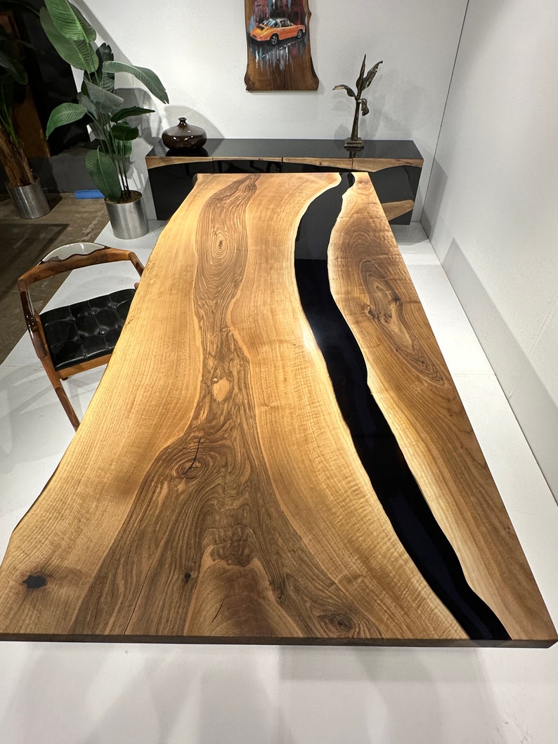Custom Epoxy River Dining Table, Black Resin River Table, Epoxy Meeting ...