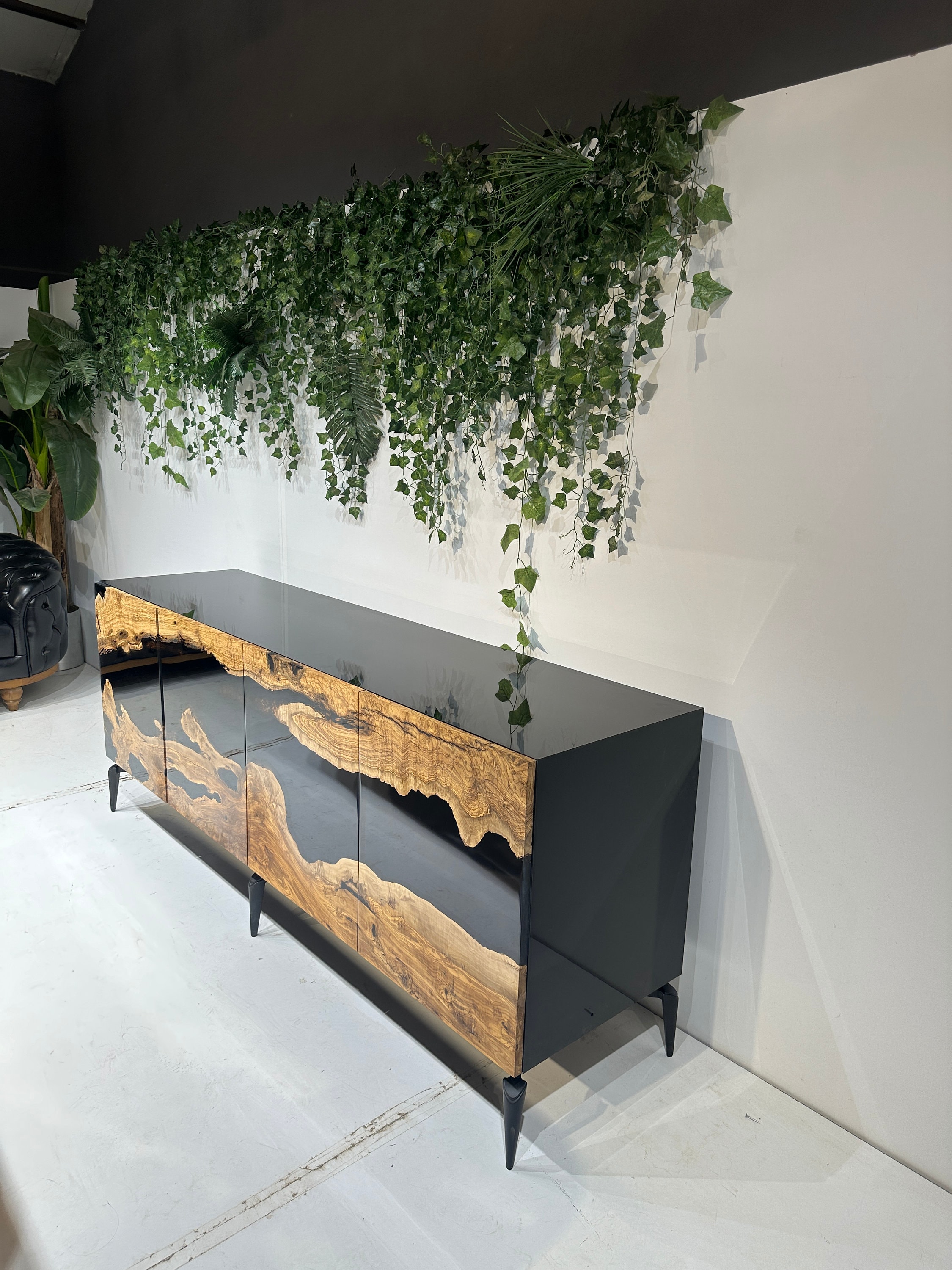 Custom Epoxy Sideboard, Olive Wood Credenza, Black Epoxy Sideboard ...