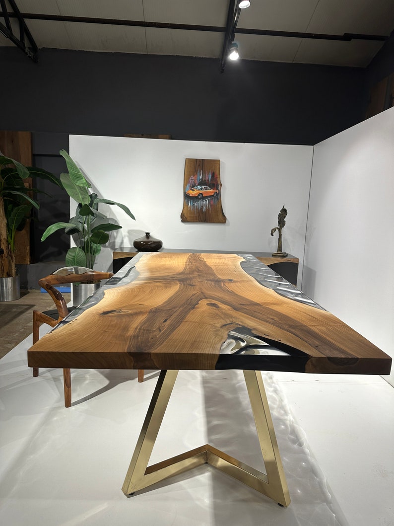 Walnut Epoxy River Dining Table, Natural Edge Resin Desk - Etsy