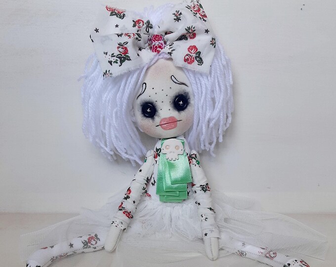 Gothic Style Fabric Doll, Goth Rag Doll in Flower Dress and White Hair ...