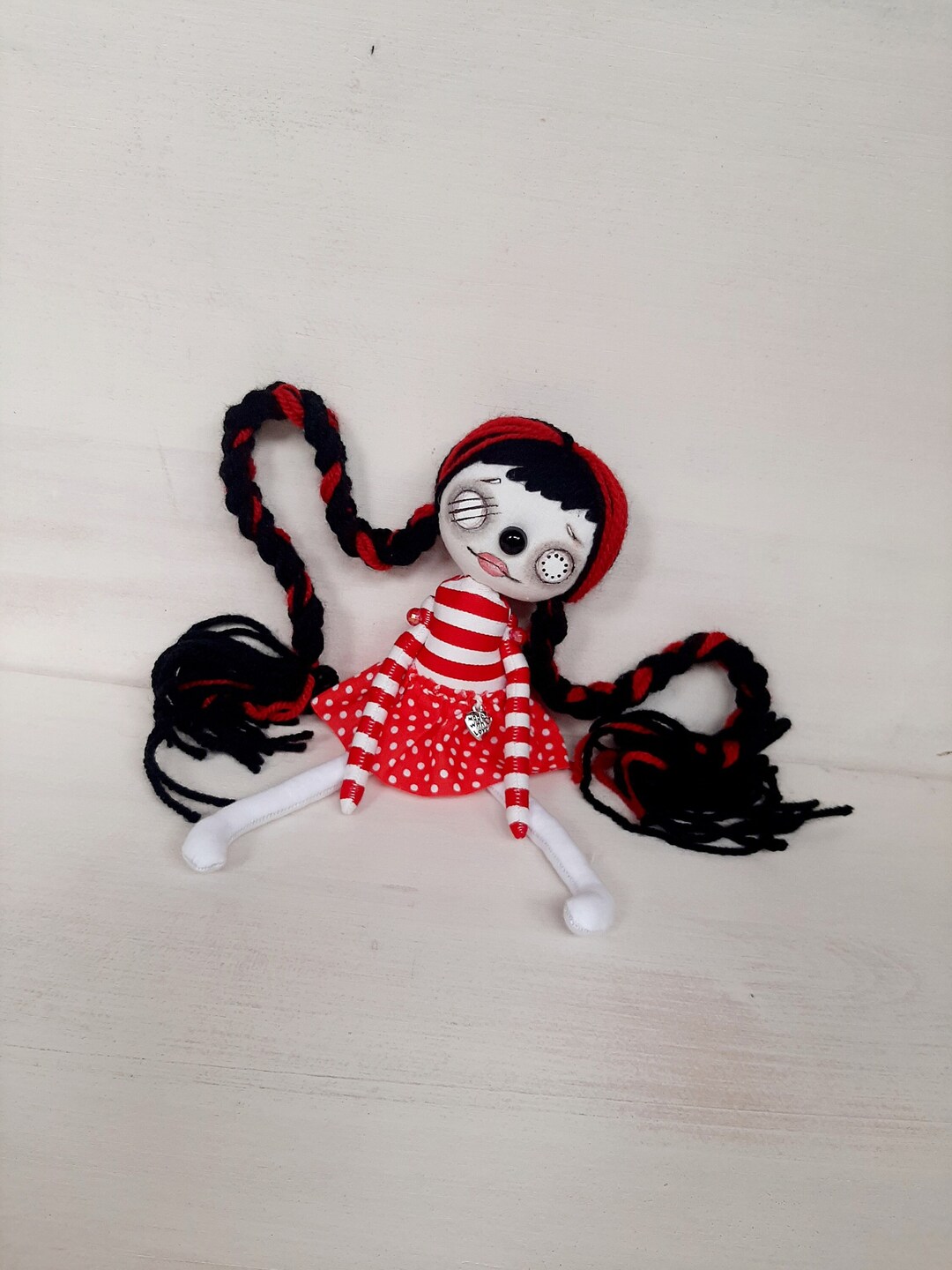 Rag Doll in Red Dress With White Pigtails Cloth Mini Doll in Polka Dot ...