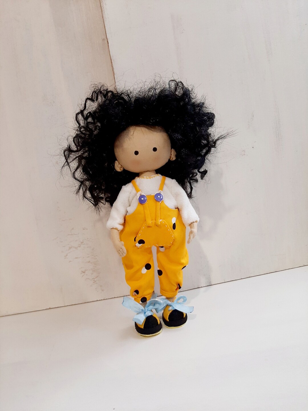 Rag Doll in Yellow Clothes, a Cloth Doll With Black Curly Hair, Yellow ...