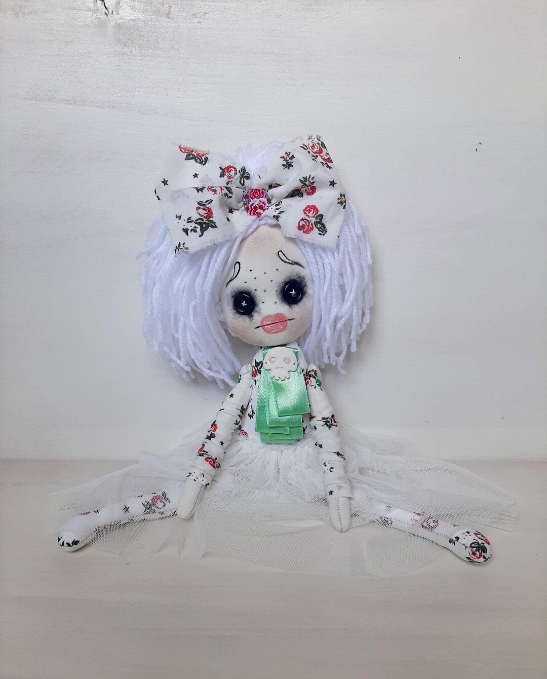 Gothic Style Fabric Doll, Goth Rag Doll in Flower Dress and White Hair ...