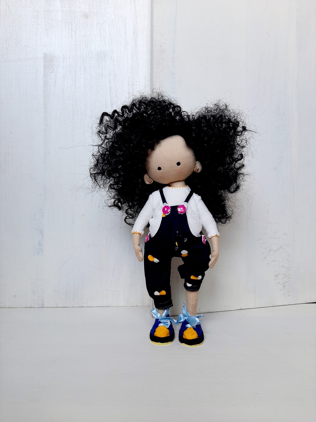 Handmade Rag Doll With Black Curly Hair in Overalls, Fabric Doll Black ...