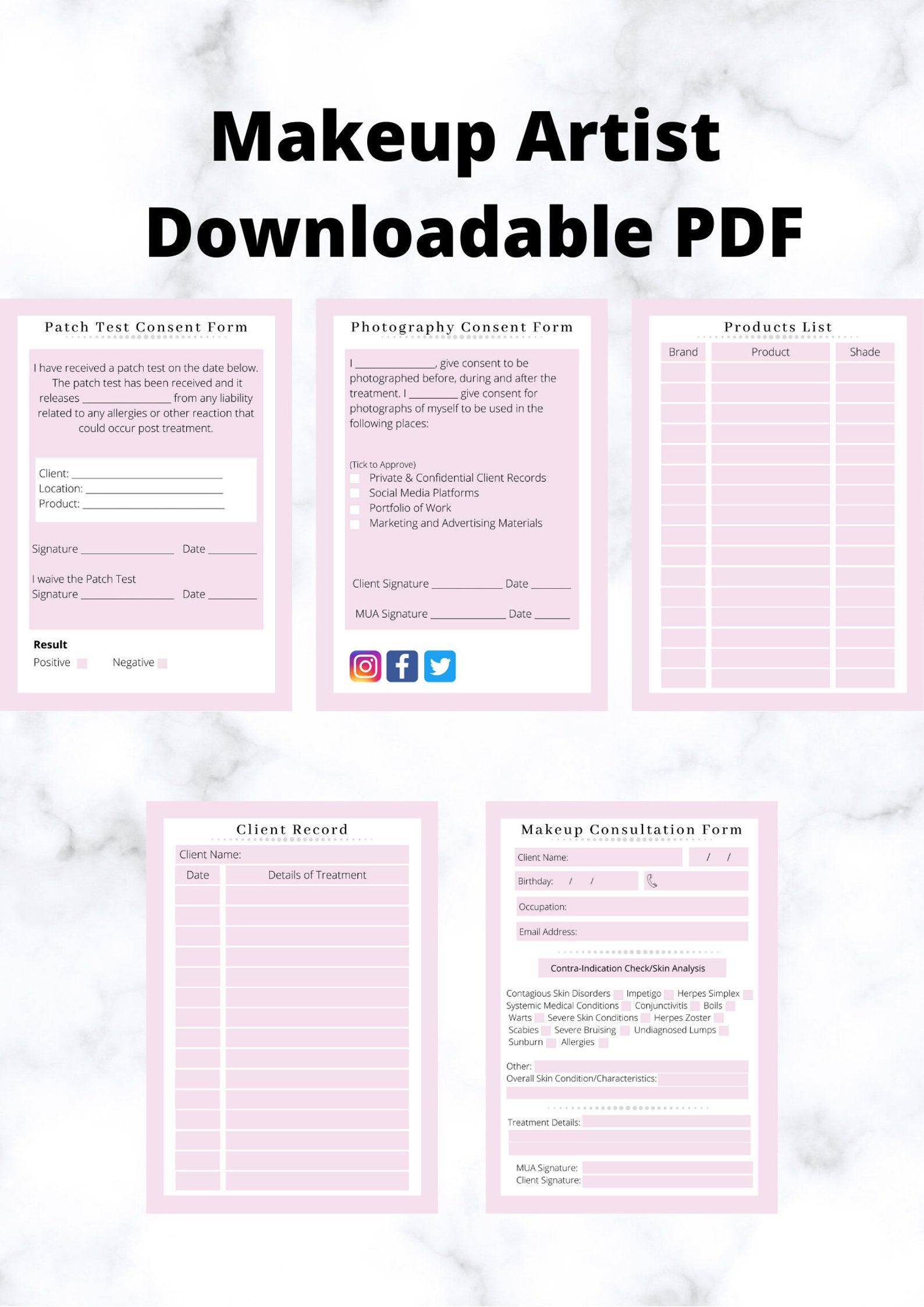 Makeup Artist Forms, Client Record, Client Consultation, Product List ...