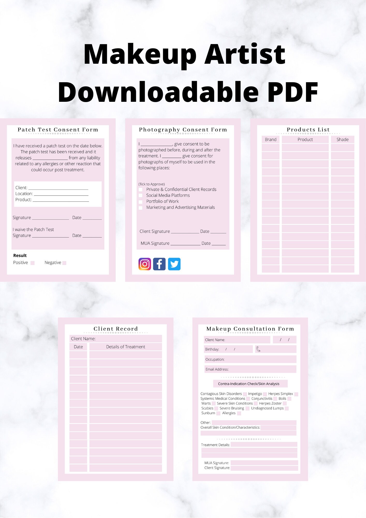 Makeup Artist Forms, Client Record, Client Consultation, Product List ...