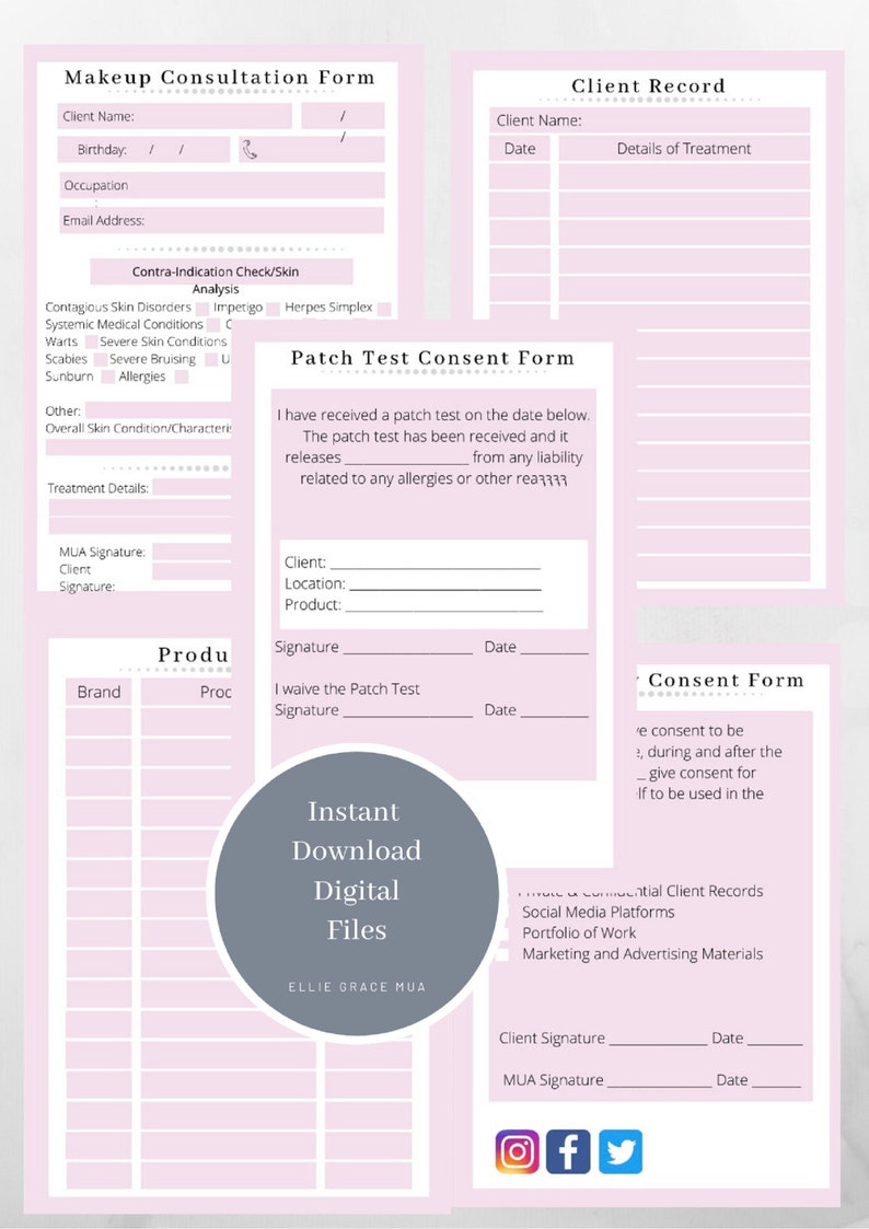 Makeup Artist Forms, Client Record, Client Consultation, Product List ...