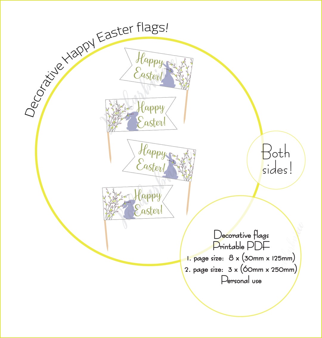 Happy Easter Printable PDF Flags, Both Side Tags, Bunny With Poppy Tree, Rectangle, Celebreting ...