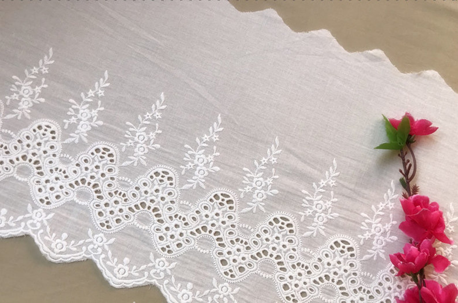 Cotton English Lace, Cotton Embroidery Eyelet Lace Trim, Width 38cm, by ...