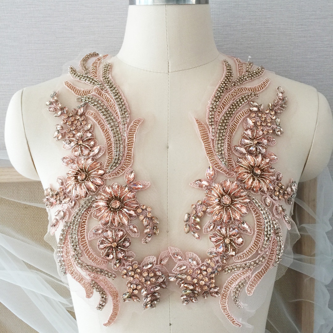 Beaded Lace Applique for Bridal Dress, Sequins Flower Lace Patches, Embroidered Lace Appliques(1 ...